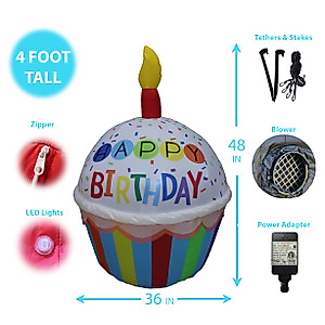 4 Foot Tall Cute Happy Birthday Inflatable Cupcake with Candle Lights Blowup Party Decoration for Outdoor Indoor Home Celebration Garden Yard Lawn Prop