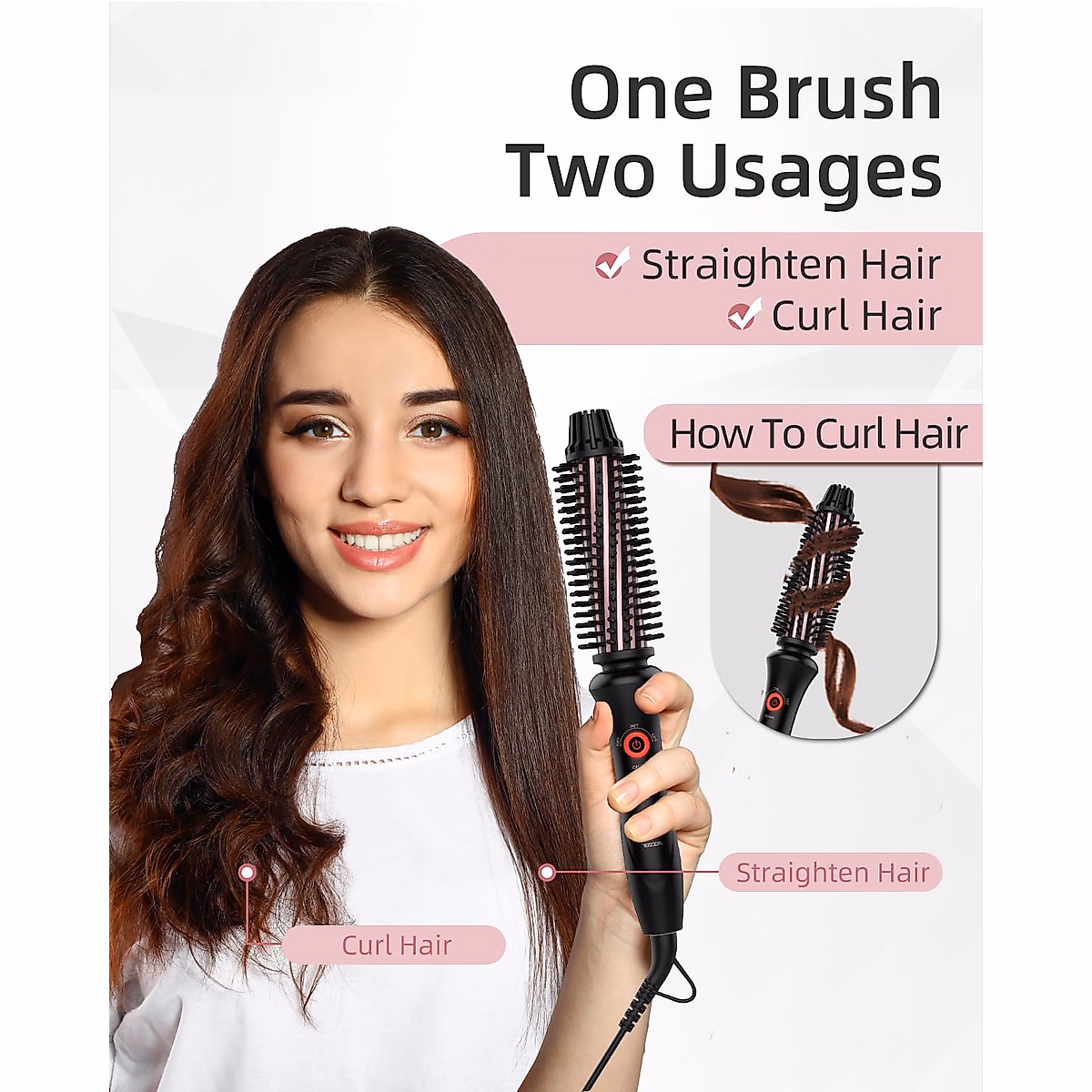 Curling Iron Brush 1 Inch, Heated Styling Round Brush Curling Iron Travel Dual Voltage，3 Temps Anti-Scald Hot Curling Brush Culer for Short Hair