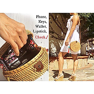 Handwoven Round Rattan Bag, Leather Shoulder Strap, Two Pocket Boho Bali Wicker Crossbody Handbag