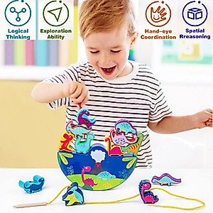 SKABENLAM Wooden Dinosaur Stacking Toys for Kids 3-5,Montessori Toys for 3 4 5 Year Old Boys Girls,Balance Building Blocks Game for Children,Preschool Educational Toys,Easter Birthday