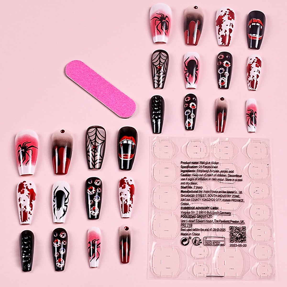 Halloween Press on Nails Medium Coffin Fake Nails Spider Eyeball Halloween Nails Press on Bloodstain Spider Web Acrylic Full Cover False Nails with Designs Gloosy Glue on Nails for Women&Girls 24PCS