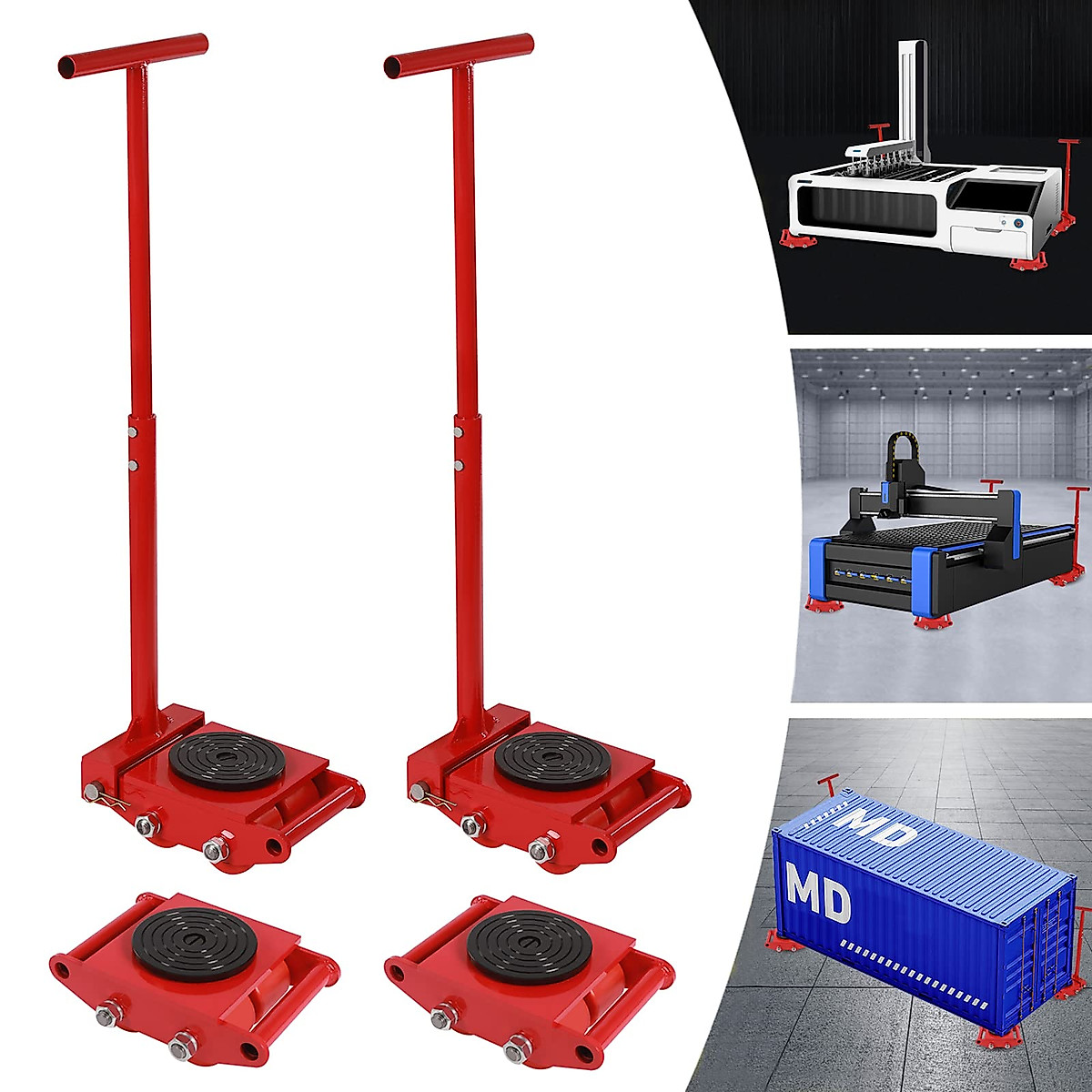 4pcs Machinery Mover with 2 Handles, 6T Machinery Skate Dolly, 13200lbs Machinery Moving Skate, Machinery Mover Skate w/ 360° Rotation Cap and 4 Rollers, Heavy Duty Industrial Moving Equipment, Red