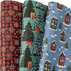 BULKYTREE Christmas Wrapping Paper for Kids Boys Girls Man Women Holiday Party. 6 Large Sheets Gift Wrap 3 Vintage Designs, Red & Black Plaid with Snowflake, Pine and Gifts,26.7 Inch X 37Inch