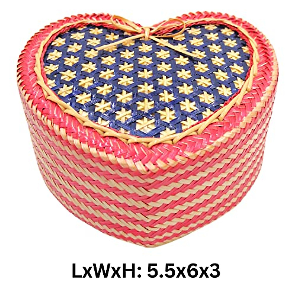 Bamboo Sticky Rice Serving Basket 6.2 x 5.2 Inch, Kratip, Intricately Woven Container, Heart-Shaped, Elephant Weave Pattern, Blue, Thailand Handmade, Dyed with Natural Based (American Flag)