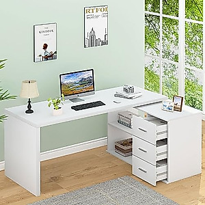 HSH White L Shaped Desk with Drawers Shelves, Corner Home Office Desk L Shape with Storage Cabinet, Large Wood Computer Desk for PC Executive Work Writing Study, Modern Living Room Bedroom Table,60 In
