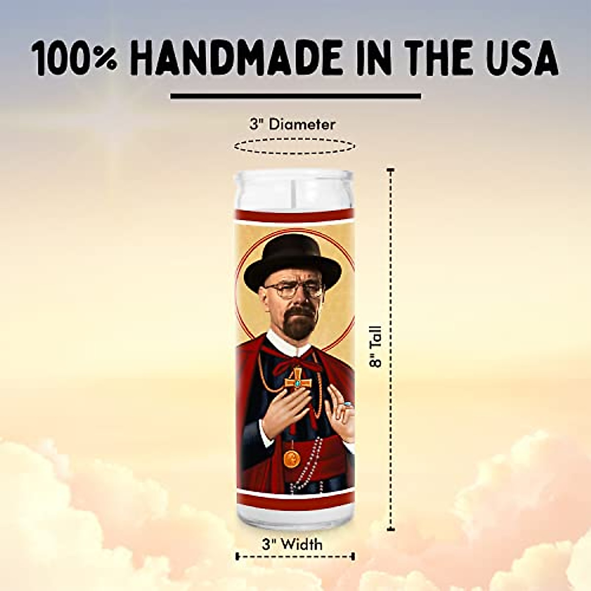 Bryan Cranston Celebrity Prayer Candle - Walter Funny White Saint Candle - 8 inch Glass Prayer Votive - 100% Handmade in USA - Funny Celeb Novelty Breaking Actor Bad TV Show Movie Gift