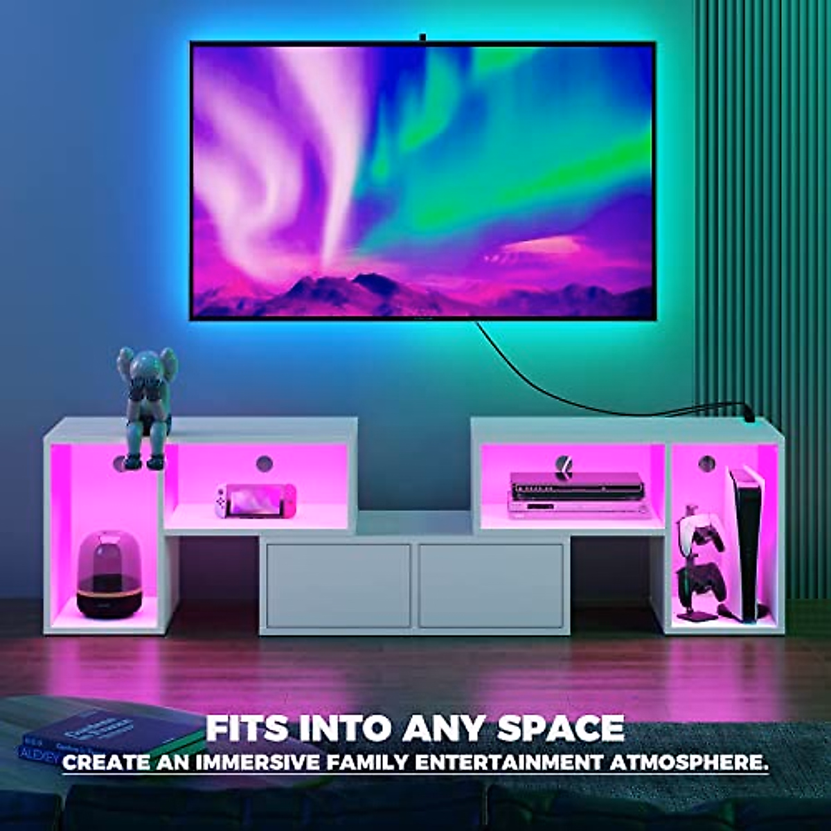 Rolanstar TV Stand, Deformable TV Stand with Power Outlets & LED Strip, Modern Entertainment Center for 45/50/55/60/65/70 inch TVs, 3 Pieces TV Stand with Open Storage and 2 Storage Cabinet, White