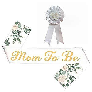 nuodslves Greenery Mom to Be Sash & Daddy to Be Badge Pins for Baby Shower Gender Reveal Party Decorations Pregnant Mommy Gift