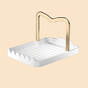 Spoon Rest For Kitchen Counter, Spoon Holder With Drip Pad For Multiple Utensils, Heat-Resistant Pot Lid Holder(white&gold)
