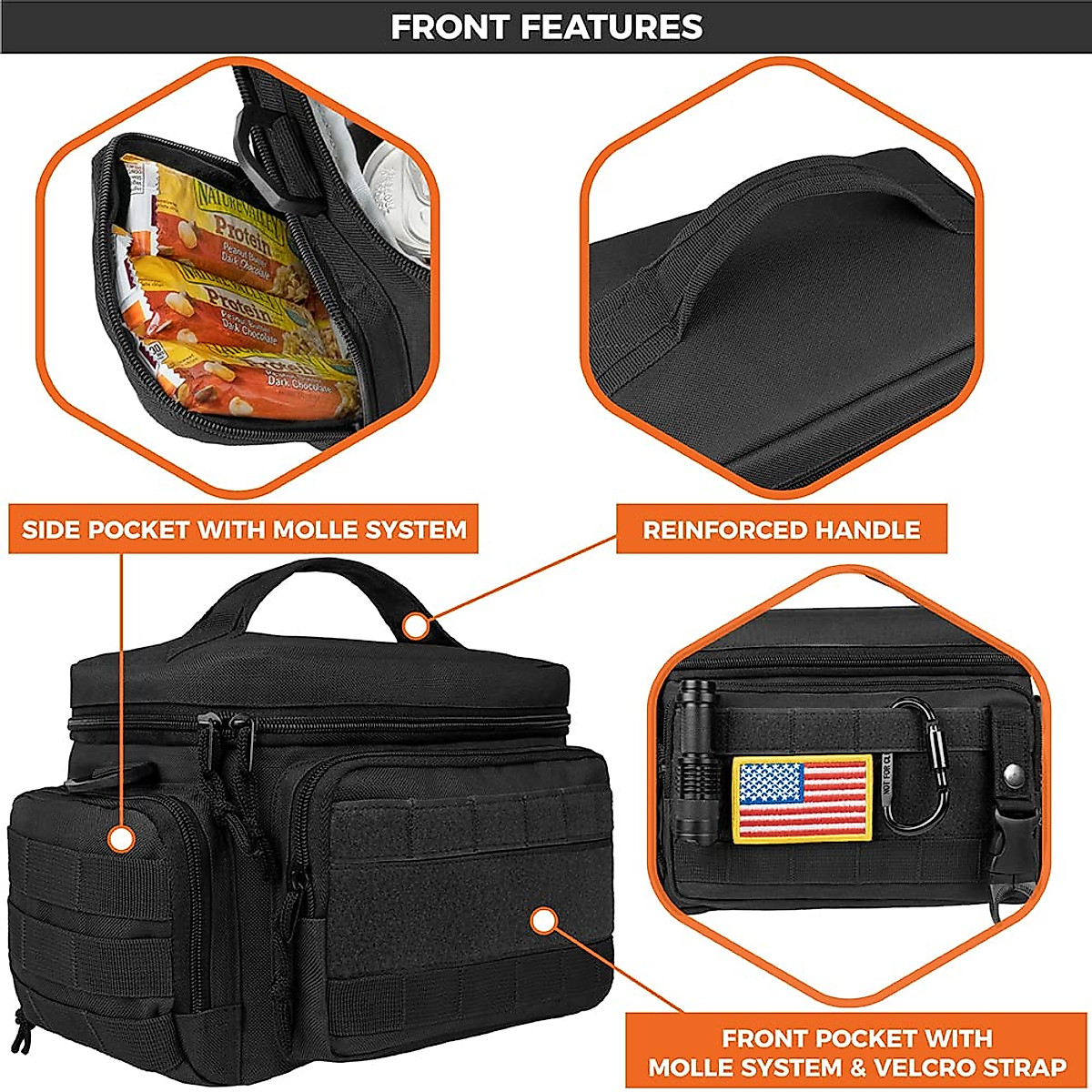 opux Tactical Lunch Box for Men, Insulated Lunch Bag for Men Adult, Large Soft Lunch Cooler with MOLLE Mesh Side Pockets, Heavy Duty Mens Tactical Lunchbox Pail for Work Meal Prep (Black)