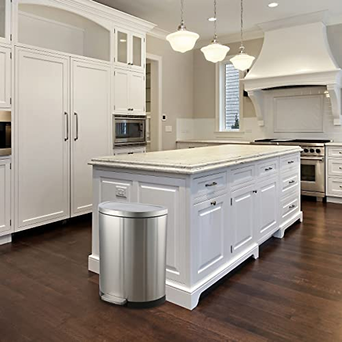 SIMPLYKLEEN Kleen-Fit 11.8-Gallon Semi-Round Hands-Free Kitchen Stainless Steel Trash Can with Lid. Great for Dorms, Kitchen, Bathroom, or Office.