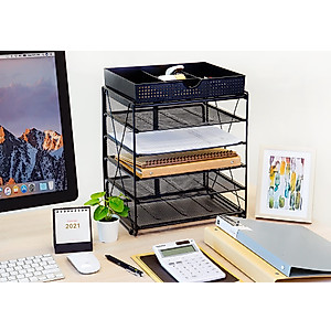 CAXXA 5 Tier Mesh Letter Tray, Desk File Organizer, Desktop Paper Tray Holder with Drawer, Black