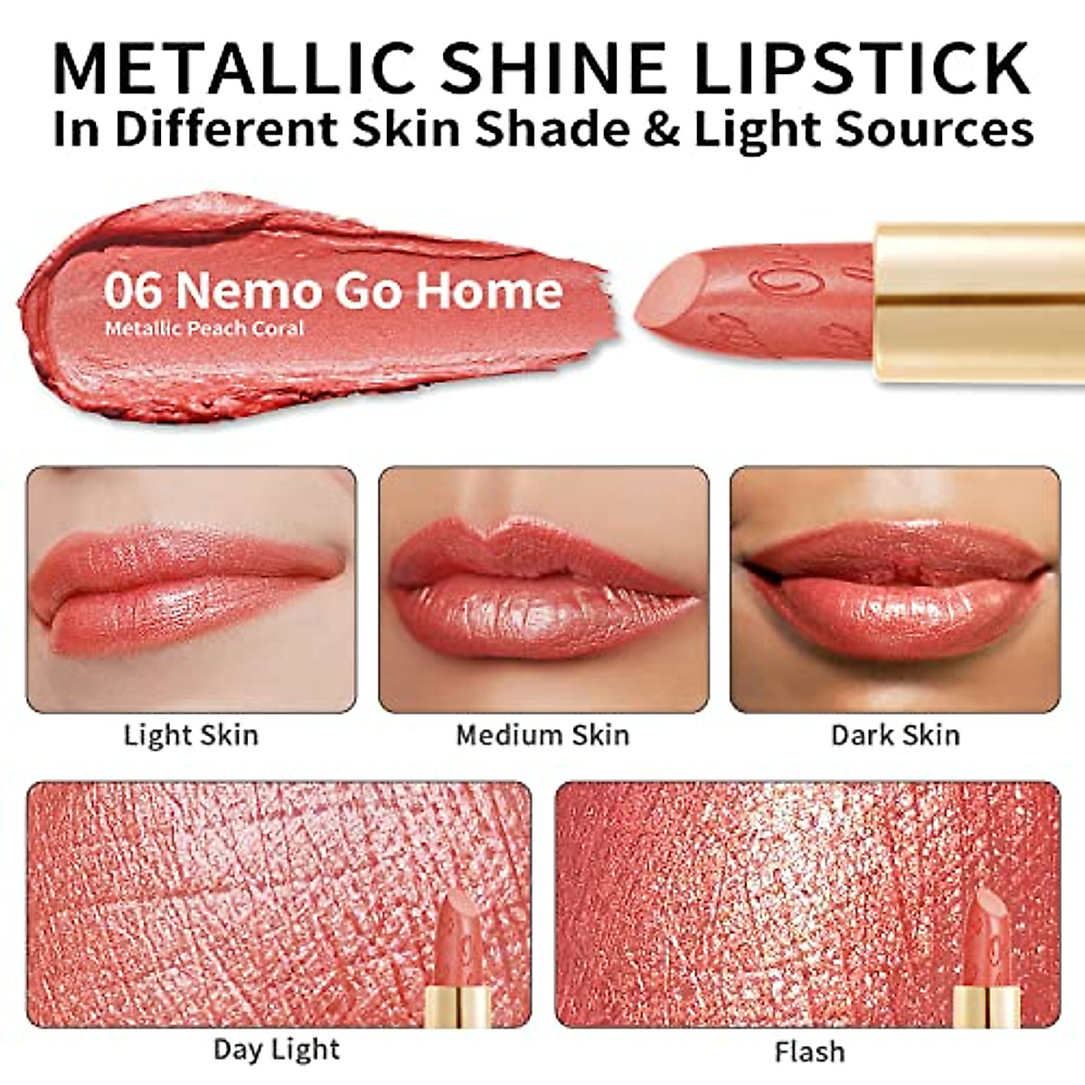Oulac Metallic Coral Pink Lipstick for Women, High Impact Lipcolor, Lightweight Soft and Hydrating, Vegan & Cruelty-Free, Full-Coverage Lip Makeup 4.3 g/0.15 oz, Nemo Go Home(06)