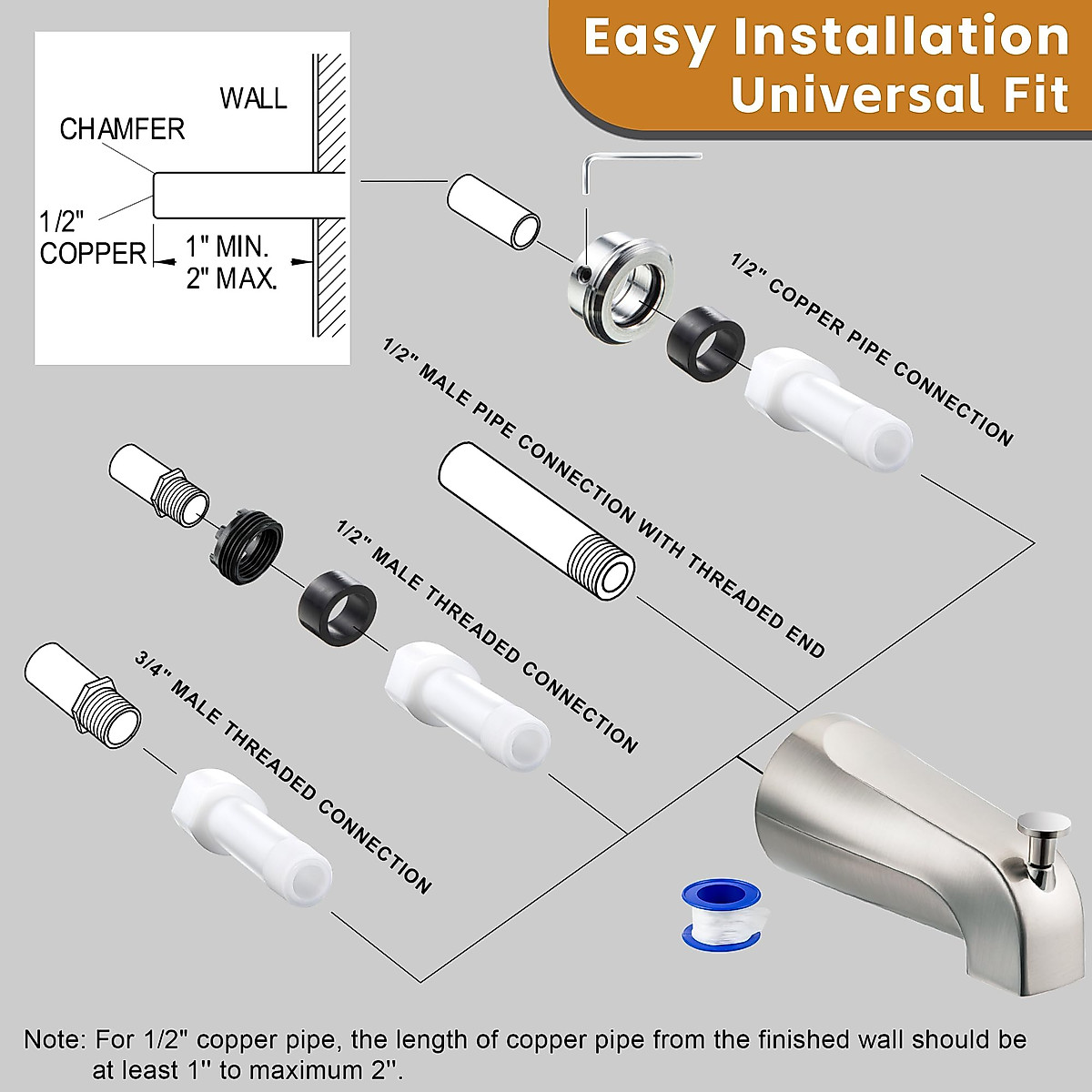 Dreyoo Tub Spout with Diverter, Tub Spout (Universal Fits 1/2" Copper Pipe, 1/2" IPS and 3/4" IPS), Bathroom Bathtub Faucet with Adapters and Hex Wrench(Brushed Nickel,Simple)