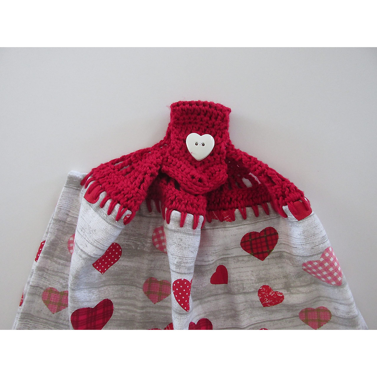 Valentine's Day Red & Pink Hearts Hanging Kitchen Towel - Red Crochet Top - Double Thickness Best Quality