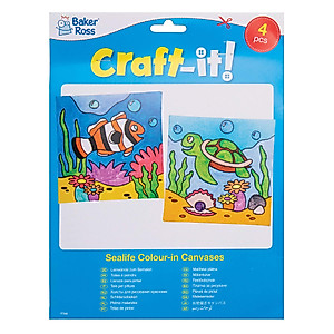 Baker Ross AT940 Sealife Color in Pictures for Kids - Pack of 4, Kids Canvases for Painting, Coloring and Craft Project Displays