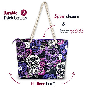 Skullistic Sugar Skull Purple Shoulder Bag - Beach, Travel & Gym, Thick Canvas, L18.5 x H13.5 x W5
