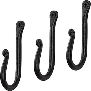 RTZEN Wall Mount J Hook - Wrought Iron Decorative Wall Hooks for Hanging Things - Handcrafted Classic Wall Mounted Black Coat Hooks - Farmhouse Towel Hooks Robe Hooks or Hat Hooks - 3 Pack