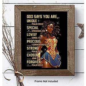 African American Woman - African American Wall Art for Girls - God Says You Are - Christian Wall Decor - Bible Verses - Black Wall Art - Religious Gifts for Women - Inspirational Motivational Unframed