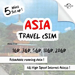 Generic NeuSIM Asia eSIM 3GB for 30 Days - 10 Destinations | Same Day DELIVERY! (4G/5G Speed, No Mobile Number, No Registration Required)