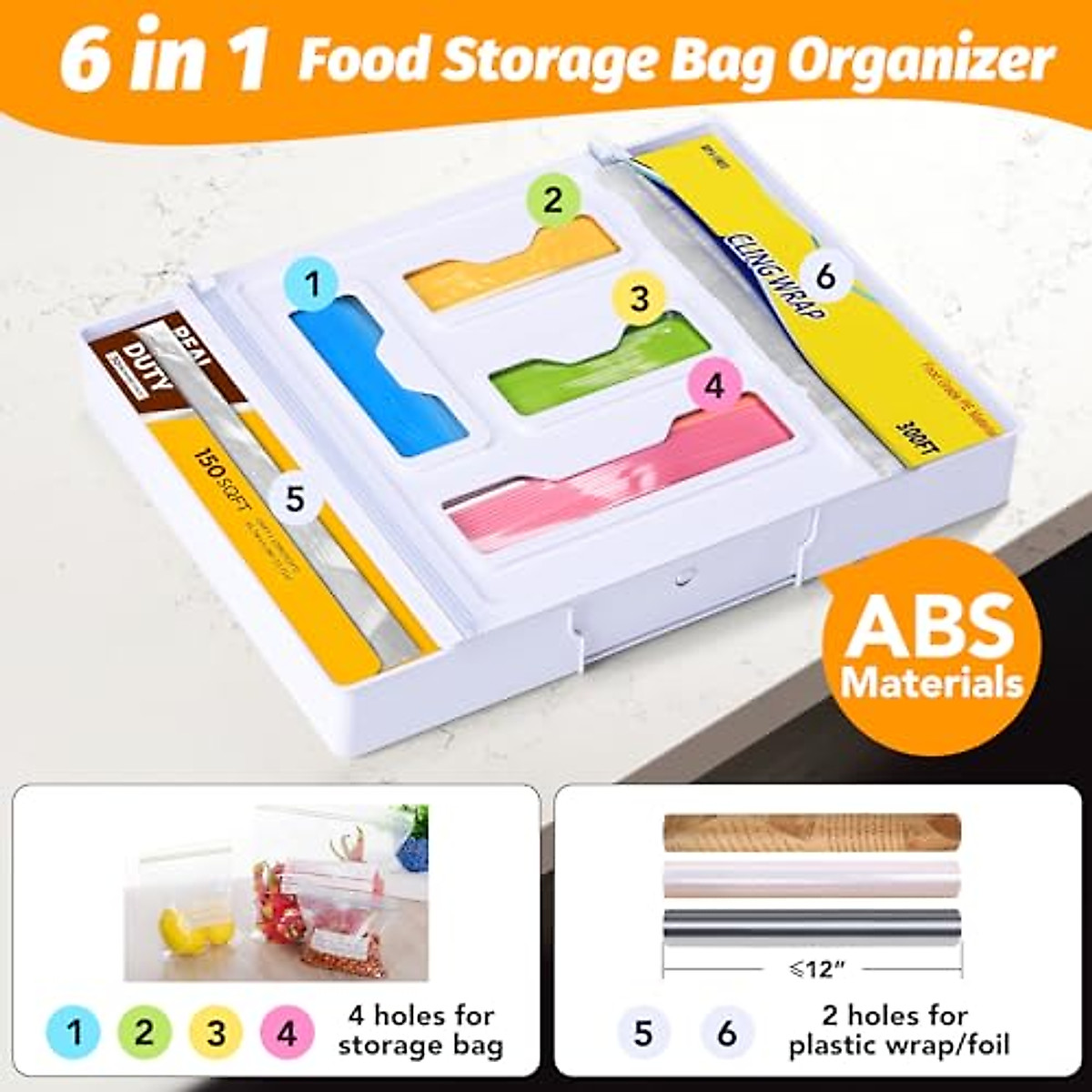 CiWiVOKi Expandable Storage Bag Organizer for Kitchen Drawer, 6 in 1 Foil and Plastic Wrap Dispenser with Cutter, Plastic Organization and Storage for Sandwich Gallon Quart Snack Bags, 3.2"High, White