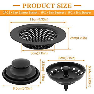Kitchen Sink Stopper Strainer Set, 2 Stainless Steel Mesh Sink Drain Basket +1 Sink Drain Strainer +1 Sink Stopper for Kitchen Bathroom Sinks Bathtubs Replacement Sink Accessories(Black)