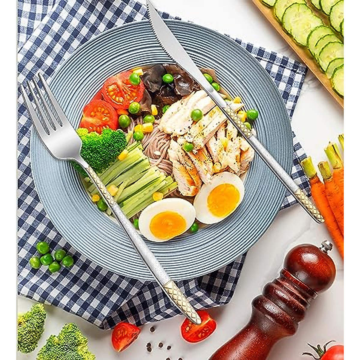 Silverware Set Cutlery Utensil Flatware Food-Grade Stainless Steel Luxury Relief Plating Retro Golden Handle Home Restaurant Small Business,Mirror Finish Tableware 24 Piece Service for 6