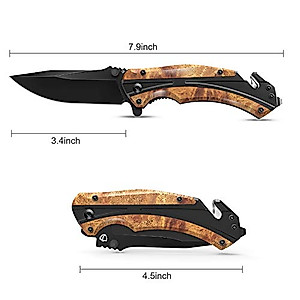 Jellas Pocket Folding Knife for Men with Figured Wood Handle - Tactical Knife with Safety Liner Lock for Camping Hunting Survival Indoor and Outdoor, Best Unique Gift for Men and Women KN05