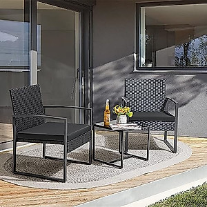 GUNJI Patio Furniture Sets 3 Pieces Outdoor Conversation Set with Coffee Table Patio Wicker Rattan Chairs Set Bistro Sets for Garden, Yard, Lawn, and Balcony (Black)