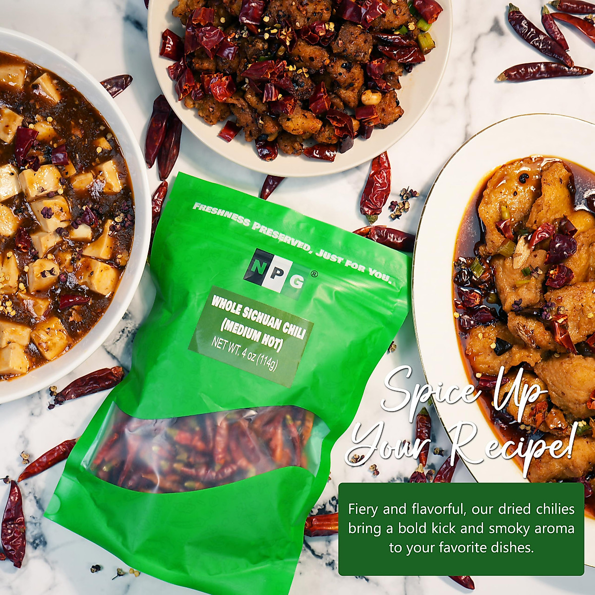 NPG Sichuan Red Chili Peppers 4 Ounces, Medium Hot, Capsicum Annuum Used in Mexican, Chinese, Thai Dishes, Premium Szechuan Dried Red Chilies for Chili Oil, Paste, and Sauce