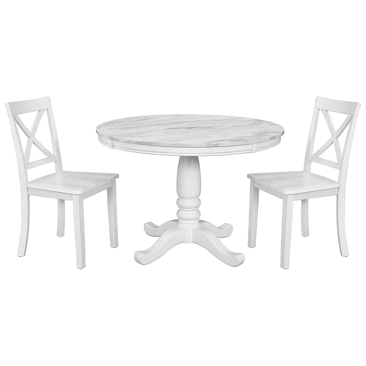OPTOUGH 5 Piece Round Dining Table Set for 4, Marble Veneer and X Back 4 Solid Wood Chairs, 42-Inch, White