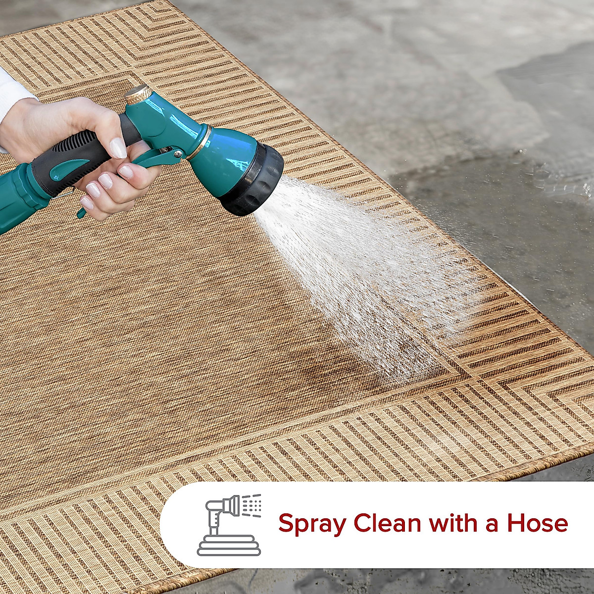 nuLOOM 7' Round Outdoor Area Rug, Casual Design With Striped Border, Stain Resistant, Highly Durable, For Patio, Balcony, Bedroom, Living Room, Dining Room, Bathroom, Light Brown