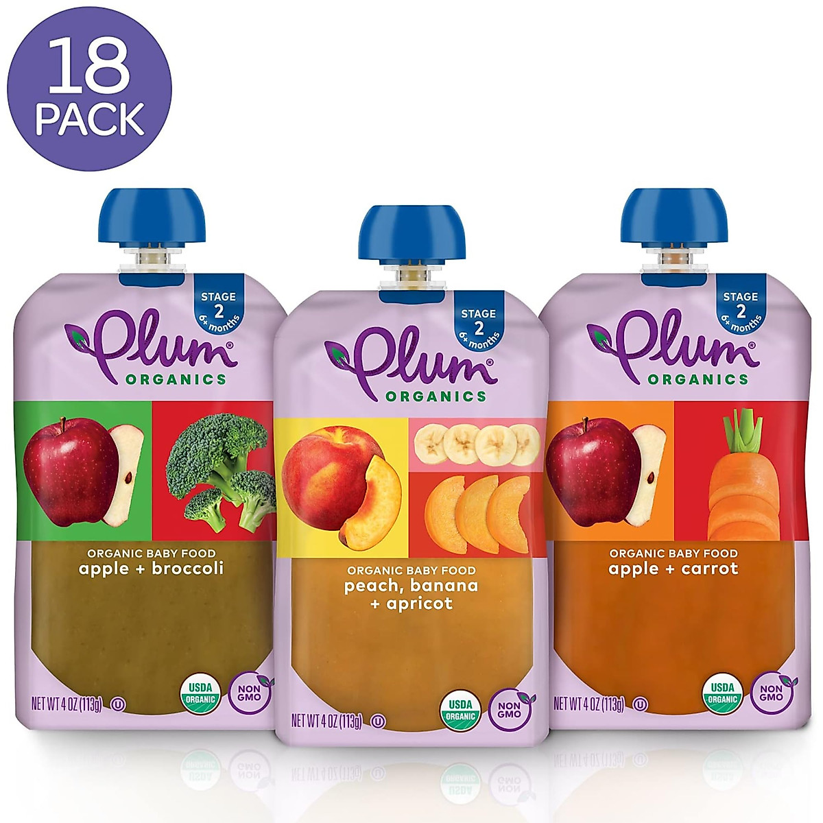 Plum Organics Stage 2 Organic Baby Food - Fruit and Veggie Variety Pack - 4 oz Pouch (Pack of 18) - Organic Fruit and Vegetable Baby Food Pouch
