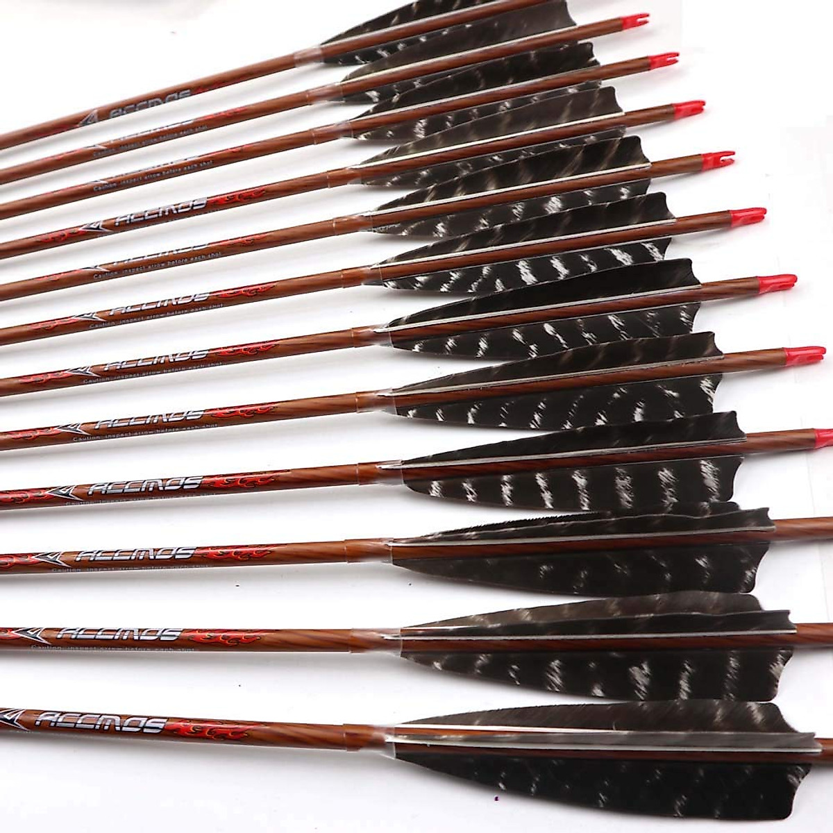 32" Carbon Arrows 400 Spine Wood-Like Arrow with 5" Real Feather Fletchings Removable Field Tips for Archery Target Practice Hunting Compound Recurve Bow Longbow 6 Pack