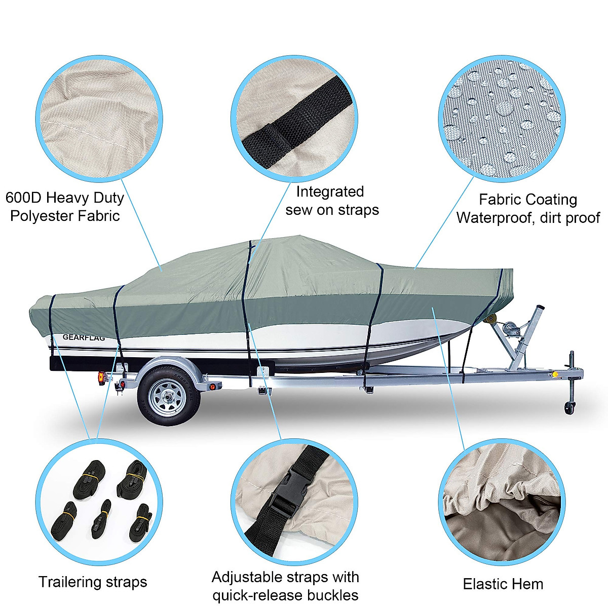 GEARFLAG Trailerable Boat Cover 600D Heavy Duty Waterproof Marine Grade UV Resistant fits V-hull Tri-hull Boat Reinforced windproof side straps (14'-16' Long, 600D, Beam Width to 90")