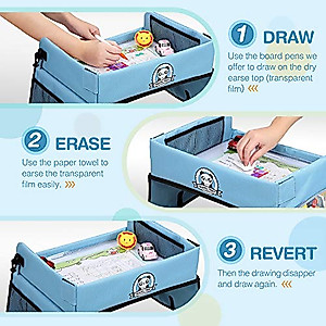 Upgraded Kids Travel Tray with Dry Erase Top Car Seat Travel Tray with 16 Organizer Pockets for Car Stroller Plane With 5 Educational Drawing Blue