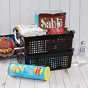 Jekiyo 4 Packs Plastic Basket with Handle, Black Stackable Baskets for Storage