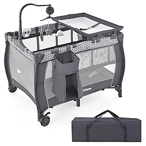 INFANS 3 in 1 Pack and Play, Portable Travel Baby Crib Bassinet with Detachable Mattress, Newborn Changing Table, Foldable Playpen with Carry Bag and 2 Wheels (Classic)