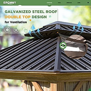EROMMY 10'x12' Gazebo, Wood Grain Aluminum Frame Canopy with Double Galvanized Steel Hardtop Roof, Outdoor Permanent Metal Pavilion with Curtains and Nettings for Patio, Backyard and Deck