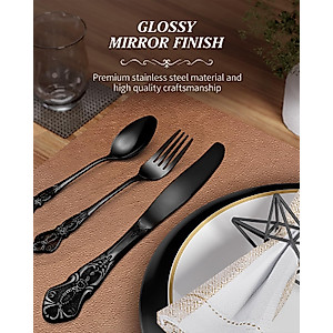 Aswwid 48 Pieces Black Silverware Set for 8, Retro Royal Flatware Set with Steak Knives, Gorgeous Stainless Steel Cutlery Utensil Set Include Forks Spoons and Knives, Mirror Finish,Dishwasher Safe