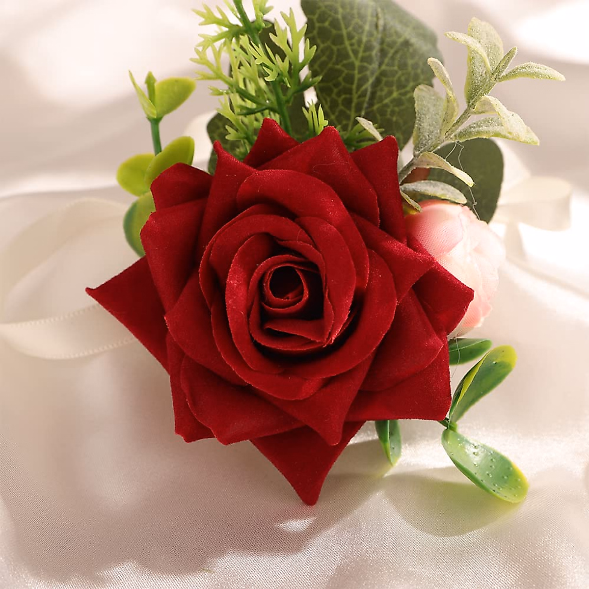 Kercisbeauty 2pcs Red Rose Corsage Set for Wedding Bridesmaid Flower Wristlet Band for Homecoming Prom Girls (Red)