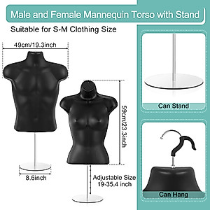 Kigley 2 Pcs Male and Female Mannequin Torso with Stand Black Dress Form Mannequin Hollow Back Body Torso Set Half Body T Shirt Display for Craft Show Counter Top Photo Design, S-Medium Clothes Size