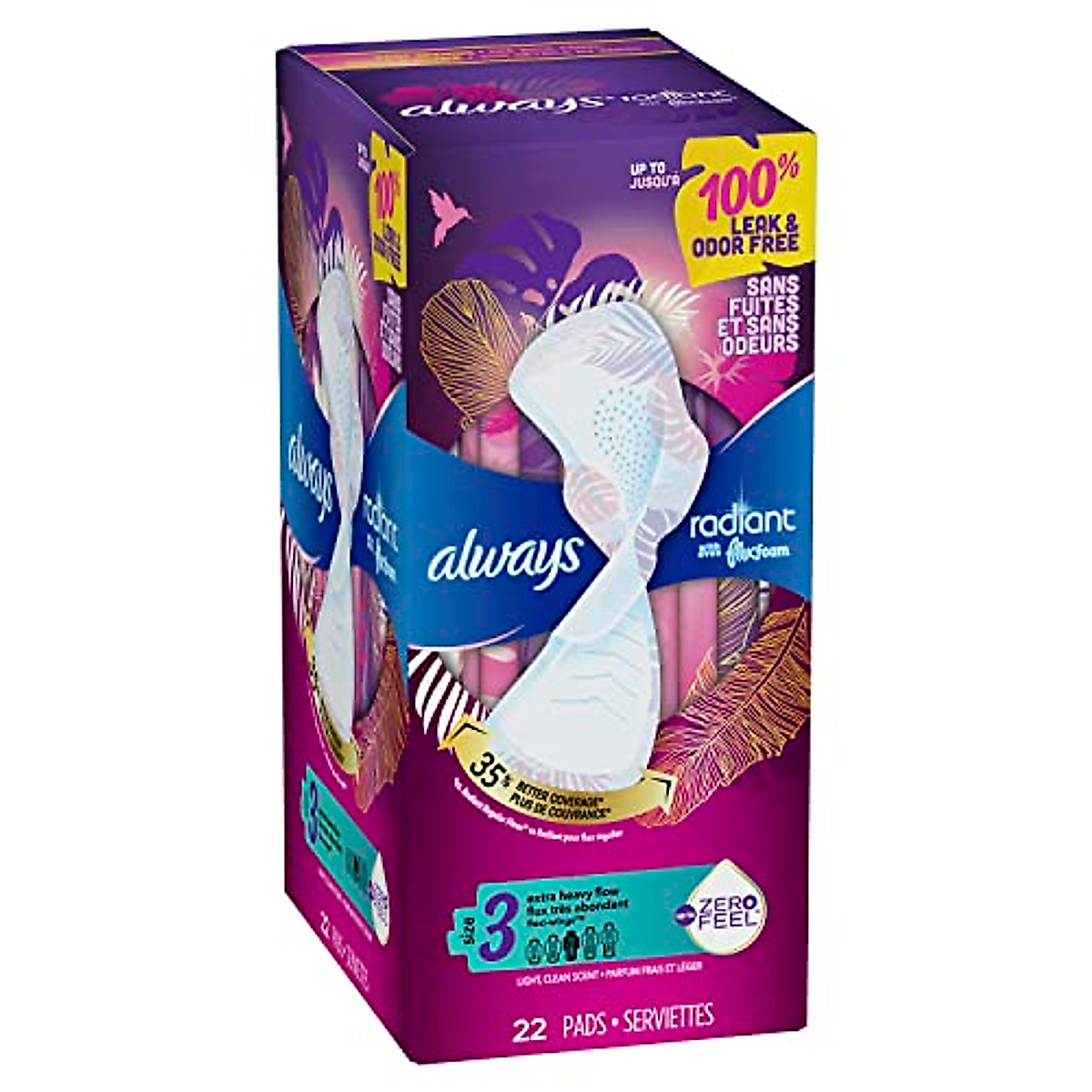 Always Radiant Feminine Pads For Women, Size 3 Extra Heavy Flow Absorbency, With Flexfoam, With Wings, Scented, 22 Count