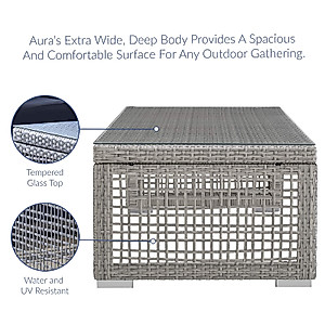 Modway Aura Wicker Rattan Outdoor Patio Tempered Glass Coffee Table in Gray