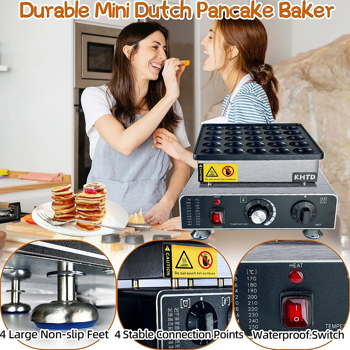 KHTD Mini Pancake Maker Machine, 25PCS Electric Nonstick Dutch Pancake Maker, 1.6 Inches Commercial Muffin Maker with Thermostat & Timer Control for Home Restaurant Snacks (12.8"D x 11.5"W x 7.6"H)