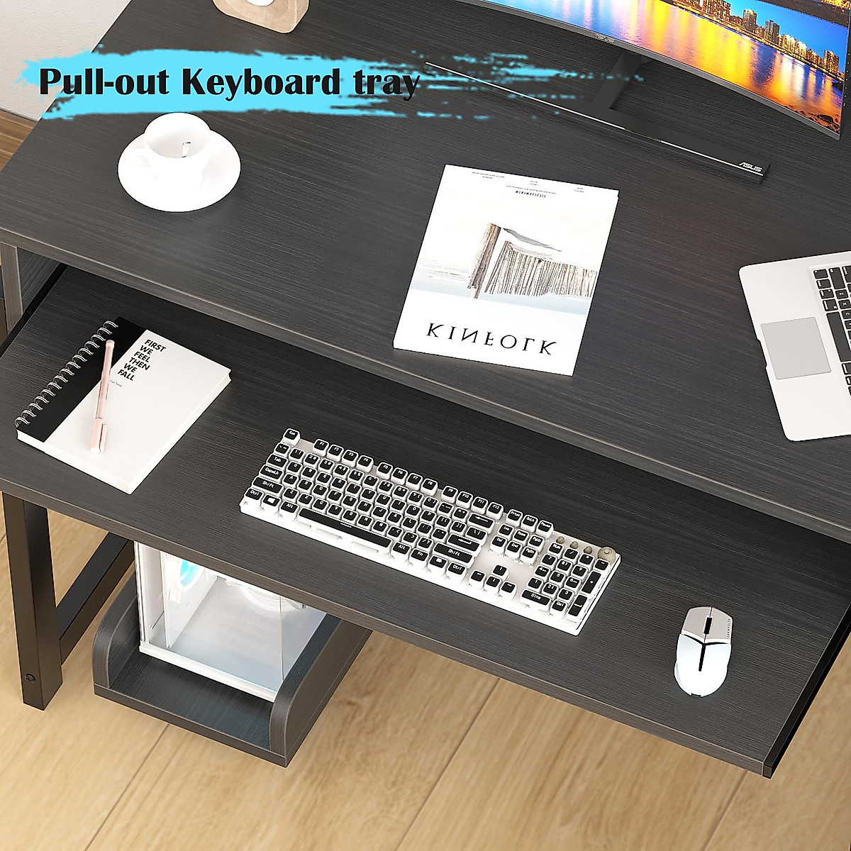 Computer Desk with Hutch and Storage Shelves, Home Office Study Writing Desk, Small Computer Desk for Small Space, Laptop Desk with Keyboard Tray for Bedroom