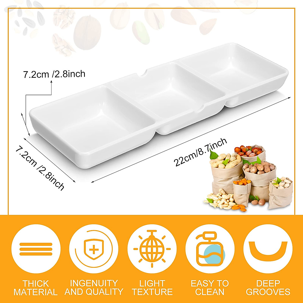 24 Pcs 8.7 x 2.8 Inch 3 Compartment Appetizer Serving Tray Plastic 3 Section Dessert Platters Rectangular Divided Plate White Compartment Serving Dishes Dipping Sauces Dinner Buffet Restaurant Kitchen