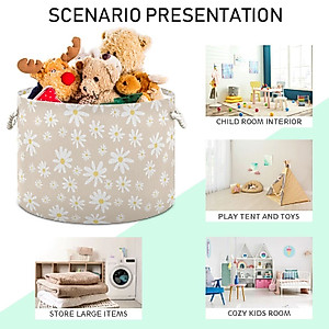 Burbuja Daisy on Beige Round Storage Basket with Cotton Rope Handles, Laundry Basket for Blankets, Toys, Nursery, Living Room Decoration