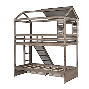 HYC Twin Over Twin Bunk Bed for Kids Toddlers, Wooden Bunk Bed with Slide and 2 Storage Drawers, House-Shaped Bunk Bed for Girls Boys,Gray