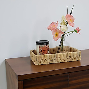 Bathroom Tray Countertop, 10 Inch Water Hyacinth Bathroom Basket, Toilet Tank Bathroom Vanity Tray, Rattan Wicker Tray for Bathroom Decor Coffee Table (Small)